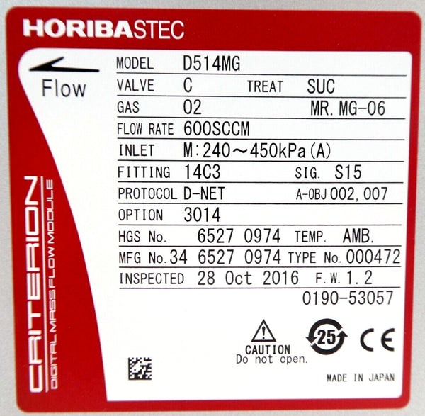 Horiba STEC D514MG Mass Flow Controller MFC Criterion 600 SCCM O2 New – Semiconductor Spares Store