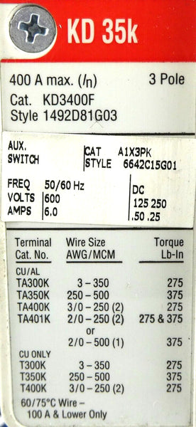 Eaton KD3400F 3 Pole Industrial Circuit Breaker Assembly KD 35k Workin ...