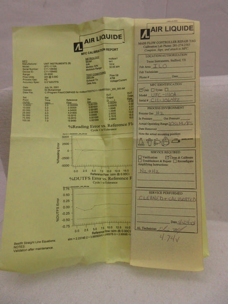 UNIT Instruments UFC-1100A Mass Flow Controller MFC 20 SLM H2 Refurbis ...