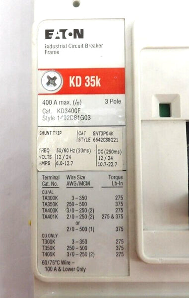 Eaton KD3400F 3 Pole Industrial Circuit Breaker Module KD 35k KT3300T ...