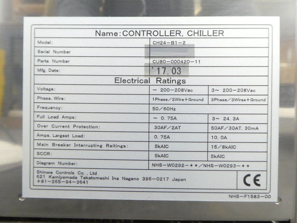 Shinwa Controls CH24-B1-2 Chiller Controller TEL CU80-000420-11 Spare ...
