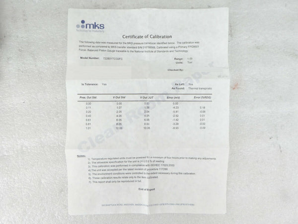 MKS Instruments 722B01TCD2FC Absolute Capacitance Manometer AMAT 1350 ...