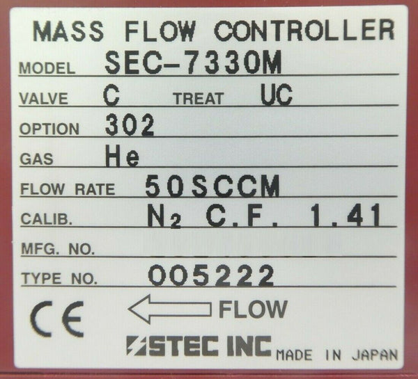 STEC SEC-7330M Mass Flow Controller MFC SEC-7330 50 SCCM He Working Su ...