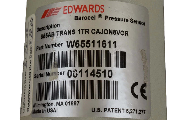 Edwards W65531611 Barocel Pressure Sensor 655AB 1 Torr Working Surplus ...