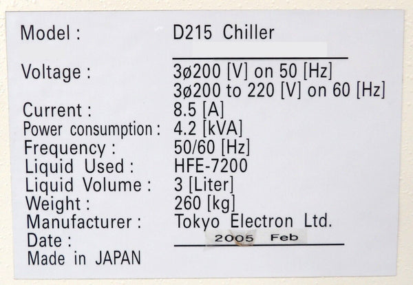 TEL Tokyo Electron D215 HFE-7200 3 Liter Industrial Chiller Spare Surp ...