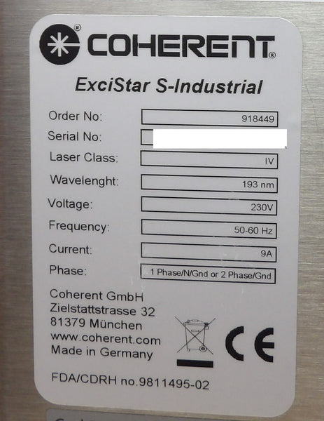 Coherent 918449 Exciter S-Industrial Excimer Laser Module Surplus Spar ...