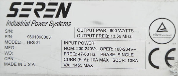 HR601 Seren 9601090003 RF Generator 600 Watts @ 13.56 MHz Tested Worki ...