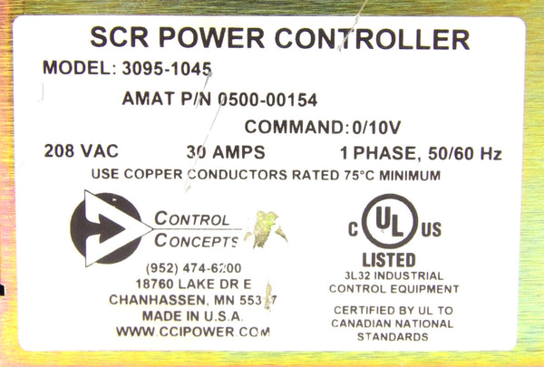 Control Concepts 3095-1045 SCR Power Controller AMAT 0500-00154 Workin ...