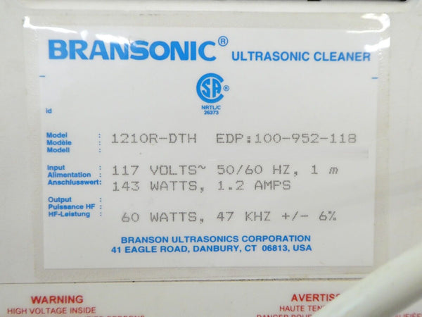 Branson 1210R-DTH Heated Ultrasonic Cleaner Bransonic 1210 Tested Work ...