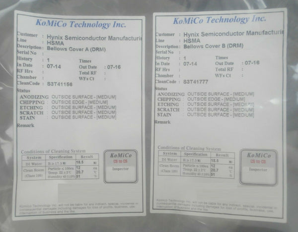 KoMiCo DRM Bellows Cover A and B Set of 2 TEL Tokyo Electron Unity Cle ...