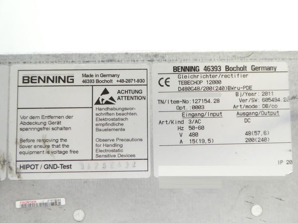 Benning D480G48/200 Modular DC Power Rectifier TEBECHOP 12000 Dented U ...
